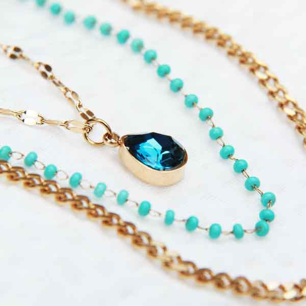 Collier fantaisie 3 rangs Altessa chaînes acier et pierres bleues