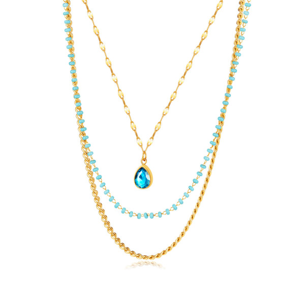 Collier fantaisie 3 rangs Altessa chaînes acier et pierres bleues